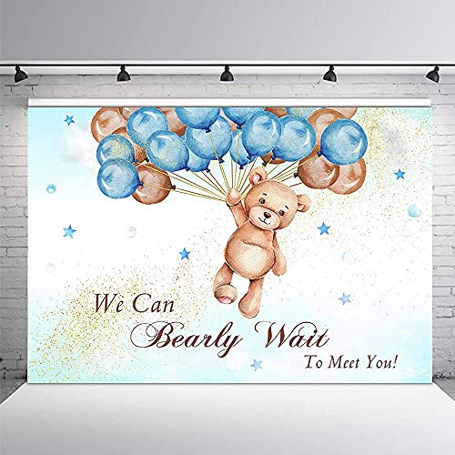 MEHOFOND 7x5ft Bear Boy Baby Shower Backdrop We Can Bearly Wait to Meet You Blue Brown Balloons Gold Glitter Photography Background Party Banner Cake Table Decor Photo Booth Props Supplies