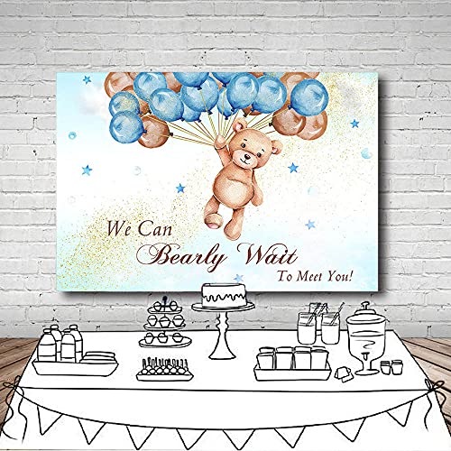 MEHOFOND 7x5ft Bear Boy Baby Shower Backdrop We Can Bearly Wait to Meet You Blue Brown Balloons Gold Glitter Photography Background Party Banner Cake Table Decor Photo Booth Props Supplies