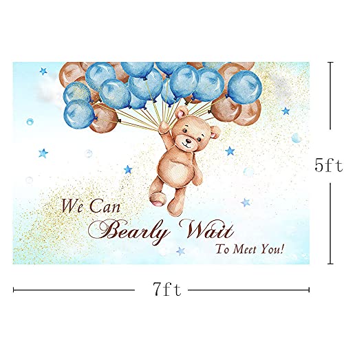 MEHOFOND 7x5ft Bear Boy Baby Shower Backdrop We Can Bearly Wait to Meet You Blue Brown Balloons Gold Glitter Photography Background Party Banner Cake Table Decor Photo Booth Props Supplies