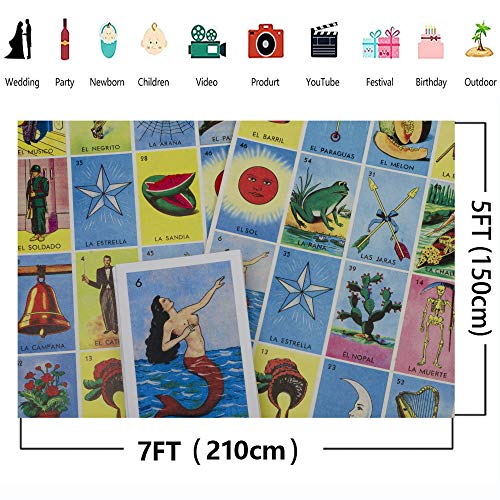 Mexico Loteria Cards Backdrop for Photography Picture Mexican Bingo Photo Video Studio Newborn Baby Shower Background Stitching Mexico Birthday Party Studio Props Banner