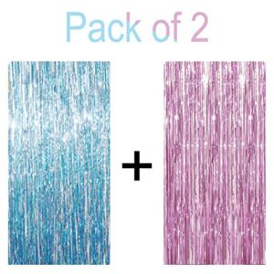 GOER 3.2 ft x 9.8 ft Metallic Tinsel Foil Fringe Curtains for Gender Reveal Photo Backdrop Wedding Decor(2 Packs,Pink&Blue)