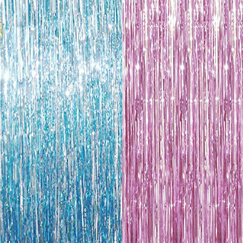 GOER 3.2 ft x 9.8 ft Metallic Tinsel Foil Fringe Curtains for Gender Reveal Photo Backdrop Wedding Decor(2 Packs,Pink&Blue)