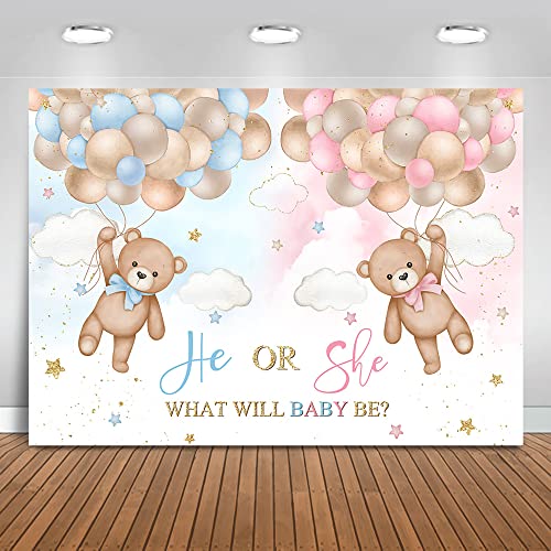 Mocsicka Bear Balloons Gender Reveal Backdrop We Can Bearly Wait Background Blue or Pink He or She Bear Gender Reveal Party Cake Table Decoration Photo Booth Props (7x5ft)