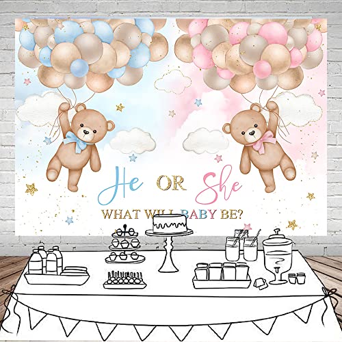 Mocsicka Bear Balloons Gender Reveal Backdrop We Can Bearly Wait Background Blue or Pink He or She Bear Gender Reveal Party Cake Table Decoration Photo Booth Props (7x5ft)