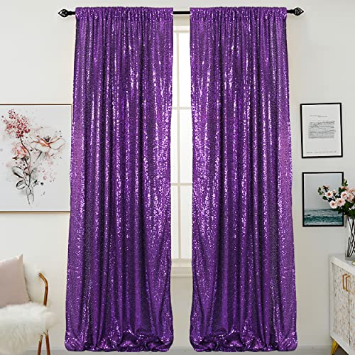 HELAKU Purple Sequin Backdrop Curtains - 2 Panels 2.3x8Ft Purple Glitter Background Backdrop Sparkly Curtains for Birthday Wedding Party Decorations