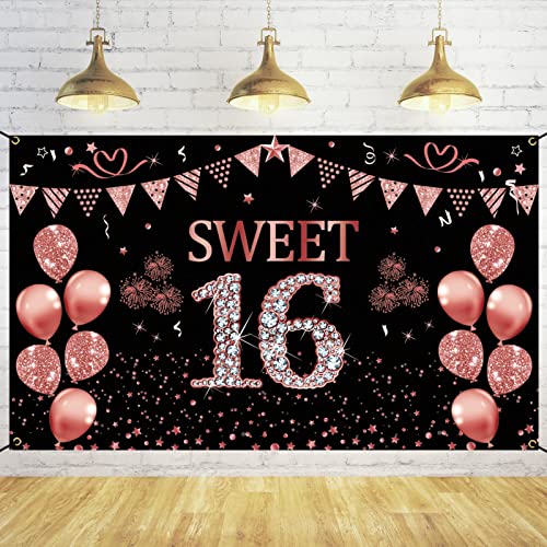 Trgowaul Sweet 16 Birthday Decorations for Girls,Rose Gold Sweet 16 Photo Backdrop Banner, Sixteen Birthday Party Sign Photography Supplies, Pink Sweet 16 Decorations Poster Background Decor