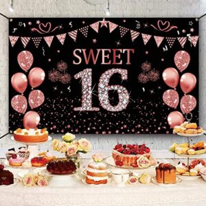 Trgowaul Sweet 16 Birthday Decorations for Girls,Rose Gold Sweet 16 Photo Backdrop Banner, Sixteen Birthday Party Sign Photography Supplies, Pink Sweet 16 Decorations Poster Background Decor