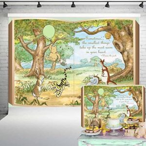 claasic pooh giant book backdrop gender neutral baby shower decorations vintage winnie bear green balloon in hundred acre wood background birthday party banner 7×5 ft 118