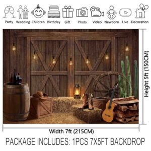 ZTHMOE 7x5ft Fabric Western Cowboy Photography Backdrop Wild West Barn Door Wooden House Background for Kids Boy Children Vintage Photo Tapestry Booth Props