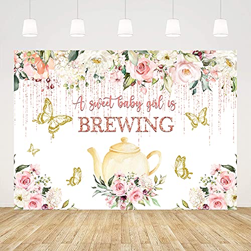 Ticuenicoa A Baby is Brewing Baby Shower Backdrop for Photography Teapot Butterfly Floral Babyshower Background Newborn Kids 1st Birthday Party Backdrops Cake Table Banner Photo Booth Props 5x3ft