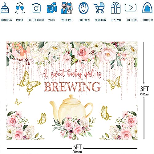 Ticuenicoa A Baby is Brewing Baby Shower Backdrop for Photography Teapot Butterfly Floral Babyshower Background Newborn Kids 1st Birthday Party Backdrops Cake Table Banner Photo Booth Props 5x3ft