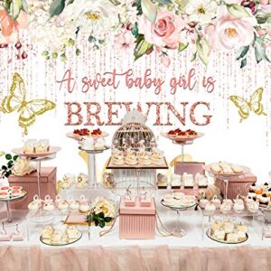 Ticuenicoa A Baby is Brewing Baby Shower Backdrop for Photography Teapot Butterfly Floral Babyshower Background Newborn Kids 1st Birthday Party Backdrops Cake Table Banner Photo Booth Props 5x3ft