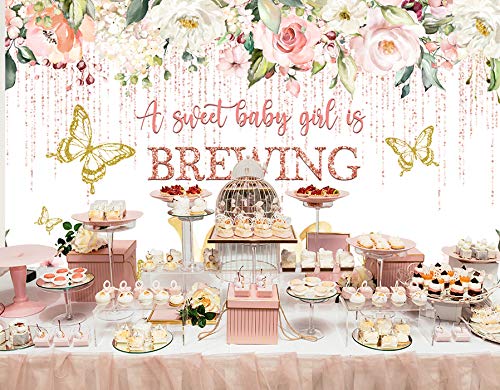 Ticuenicoa A Baby is Brewing Baby Shower Backdrop for Photography Teapot Butterfly Floral Babyshower Background Newborn Kids 1st Birthday Party Backdrops Cake Table Banner Photo Booth Props 5x3ft