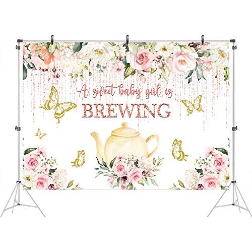 Ticuenicoa A Baby is Brewing Baby Shower Backdrop for Photography Teapot Butterfly Floral Babyshower Background Newborn Kids 1st Birthday Party Backdrops Cake Table Banner Photo Booth Props 5x3ft