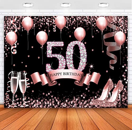 Sensfun Rose Gold Happy 50th Birthday Backdrop for Women Glitter Diamonds Balloons High Heels Birthday Photography Background Fifty Years Old Age Fabulous 50 Birthday Party Decorations Banner 7x5ft