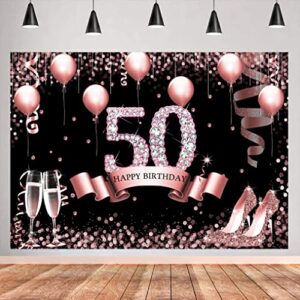 Sensfun Rose Gold Happy 50th Birthday Backdrop for Women Glitter Diamonds Balloons High Heels Birthday Photography Background Fifty Years Old Age Fabulous 50 Birthday Party Decorations Banner 7x5ft