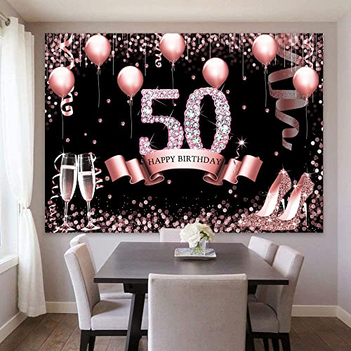 Sensfun Rose Gold Happy 50th Birthday Backdrop for Women Glitter Diamonds Balloons High Heels Birthday Photography Background Fifty Years Old Age Fabulous 50 Birthday Party Decorations Banner 7x5ft