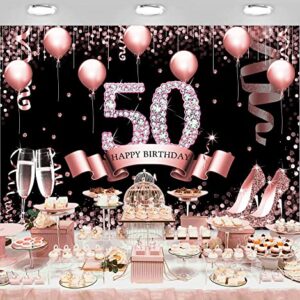 Sensfun Rose Gold Happy 50th Birthday Backdrop for Women Glitter Diamonds Balloons High Heels Birthday Photography Background Fifty Years Old Age Fabulous 50 Birthday Party Decorations Banner 7x5ft