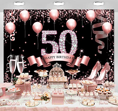 Sensfun Rose Gold Happy 50th Birthday Backdrop for Women Glitter Diamonds Balloons High Heels Birthday Photography Background Fifty Years Old Age Fabulous 50 Birthday Party Decorations Banner 7x5ft