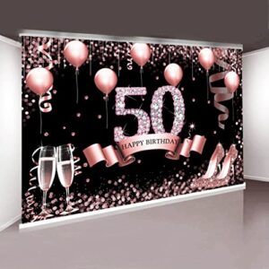 Sensfun Rose Gold Happy 50th Birthday Backdrop for Women Glitter Diamonds Balloons High Heels Birthday Photography Background Fifty Years Old Age Fabulous 50 Birthday Party Decorations Banner 7x5ft