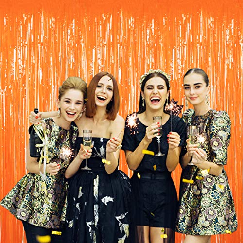 BTSD-home Orange Foil Fringe Curtain, Metallic Photo Booth Backdrop Tinsel Door Curtains for Wedding Birthday Bridal Shower Baby Shower Bachelorette Christmas Party Decorations(4 Pack, 8ft x 3ft)