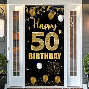 50th birthday door banner backdrop, black gold happy 50th birthday decorations women men, 50 years birthday photo booth props, fifty birthday party sign decor for outdoor indoor sturdy, vicycaty