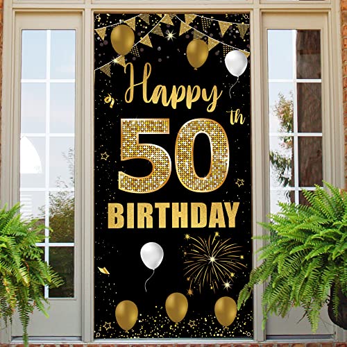 50th Birthday Door Banner Backdrop, Black Gold Happy 50th Birthday Decorations Women Men, 50 Years Birthday Photo Booth Props, Fifty Birthday Party Sign Decor for Outdoor Indoor Sturdy, Vicycaty