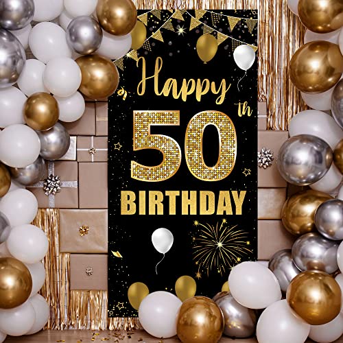 50th Birthday Door Banner Backdrop, Black Gold Happy 50th Birthday Decorations Women Men, 50 Years Birthday Photo Booth Props, Fifty Birthday Party Sign Decor for Outdoor Indoor Sturdy, Vicycaty