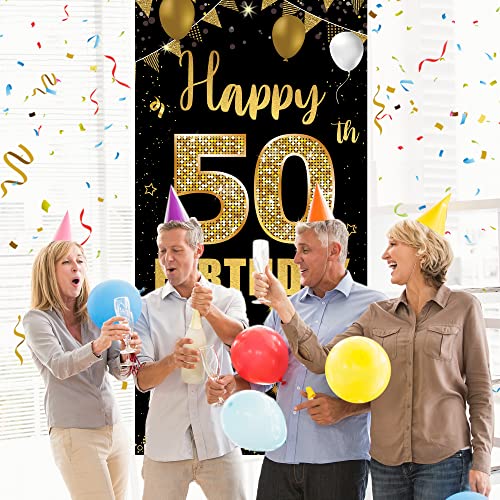 50th Birthday Door Banner Backdrop, Black Gold Happy 50th Birthday Decorations Women Men, 50 Years Birthday Photo Booth Props, Fifty Birthday Party Sign Decor for Outdoor Indoor Sturdy, Vicycaty