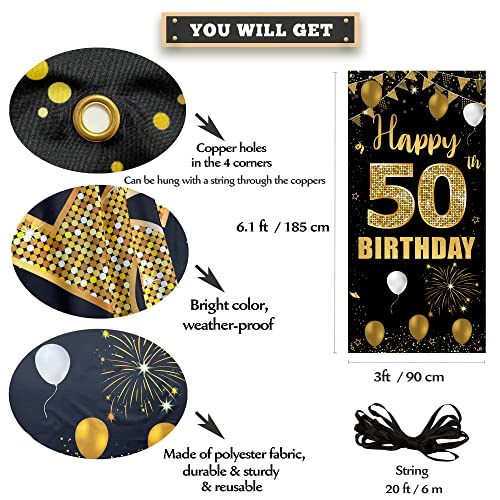 50th Birthday Door Banner Backdrop, Black Gold Happy 50th Birthday Decorations Women Men, 50 Years Birthday Photo Booth Props, Fifty Birthday Party Sign Decor for Outdoor Indoor Sturdy, Vicycaty