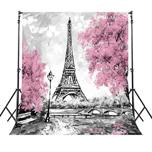 Riyidecor Eiffel Tower Backdrop Fabric Polyester Gray Paris Photography Background Pink Black and White Scenic 5Wx7H Feet Decoration Celebration Props Party Photo Shoot Backdrop Blush RY-PKKE