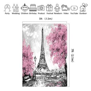 Riyidecor Eiffel Tower Backdrop Fabric Polyester Gray Paris Photography Background Pink Black and White Scenic 5Wx7H Feet Decoration Celebration Props Party Photo Shoot Backdrop Blush RY-PKKE