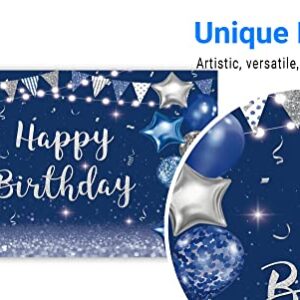 Funnytree Navy Blue Happy Birthday Party Backdrop Silver Glitter Balloons Background Boy Men Women Bday Event Favors Supplies Decoration Flag Background Selfie Photo Booth