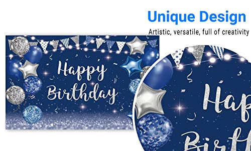 Funnytree Navy Blue Happy Birthday Party Backdrop Silver Glitter Balloons Background Boy Men Women Bday Event Favors Supplies Decoration Flag Background Selfie Photo Booth