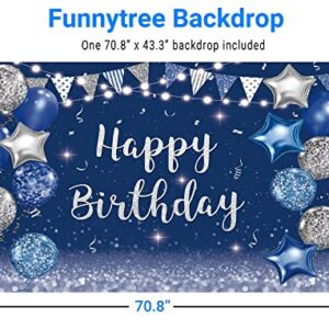 Funnytree Navy Blue Happy Birthday Party Backdrop Silver Glitter Balloons Background Boy Men Women Bday Event Favors Supplies Decoration Flag Background Selfie Photo Booth