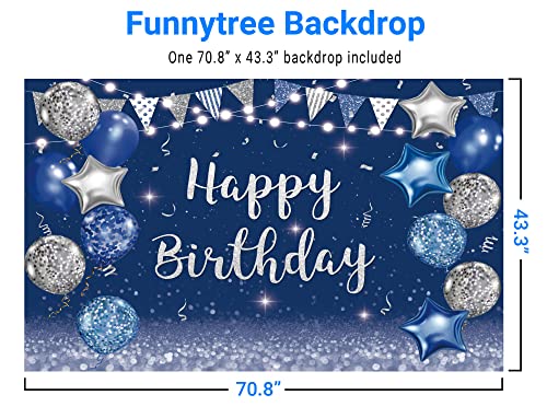 Funnytree Navy Blue Happy Birthday Party Backdrop Silver Glitter Balloons Background Boy Men Women Bday Event Favors Supplies Decoration Flag Background Selfie Photo Booth