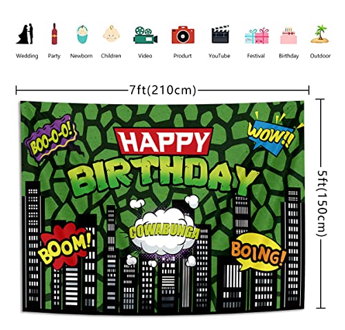 BINQOO 7×5ft Cartoon Birthday Backdrop Green American Comics Cityscape Buildings Photography Background Tortoise Boy Newborn Baby Shower Kids Decoration Birthday Party Photo Booth Prop