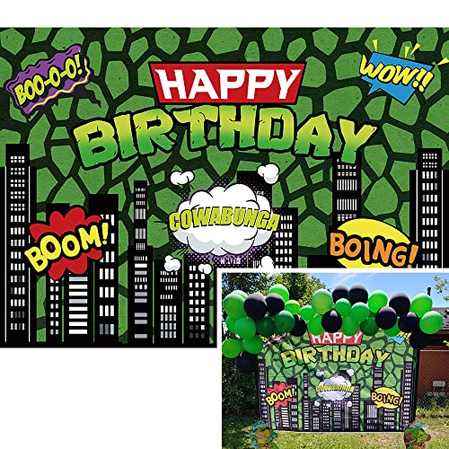 BINQOO 7×5ft Cartoon Birthday Backdrop Green American Comics Cityscape Buildings Photography Background Tortoise Boy Newborn Baby Shower Kids Decoration Birthday Party Photo Booth Prop