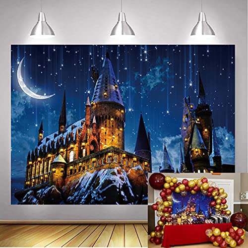 GYA 7x5ft Magic Castle Backdrop-Wizard School Night Sky Moon Photography Background Halloween Decoration Children Birthday Party Banner Photo Booth Props,7x5FT(210x150cm)