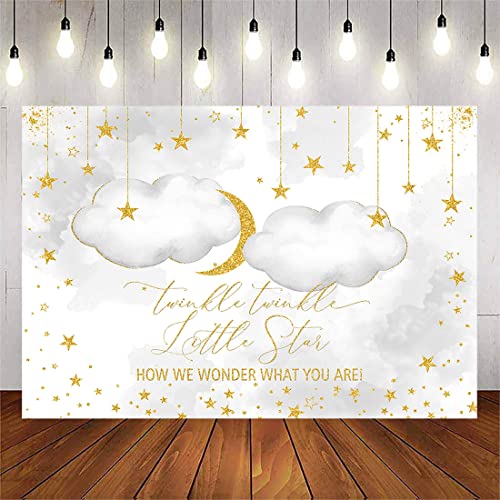 Avezano Twinkle Twinkle Little Star Backdrops Gray White Clouds Gender Neutral Baby Shower Party Background Gold Glitter Stars Newborn Baby Boy or Girl Gender Reveal Decoration Supplies 7x5ft