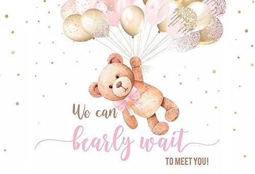 HUAYI We Can Bearly Wait to Meet You Baby Shower Backdrop Teddy Bear Decoration Background Pastel Tone Sweet Pink Balloons and Brown Girl Babyshower Backdrops 6.5x5ft