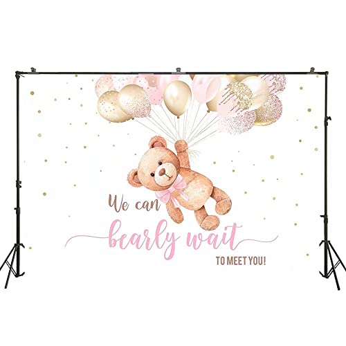 HUAYI We Can Bearly Wait to Meet You Baby Shower Backdrop Teddy Bear Decoration Background Pastel Tone Sweet Pink Balloons and Brown Girl Babyshower Backdrops 6.5x5ft