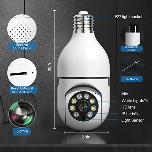 Light Bulb Security Camera, HD 1080P 3MP Wireless Indoor IP Dome Camera 355 °Pan/Tilt 2.4GHz WiFi Smart Camera Surveillance, Night Vision, Human Motion Detection, Two-Way-Talk(5G WiFi Not Support)