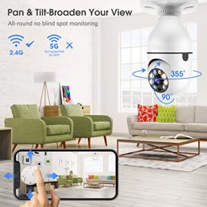 Light Bulb Security Camera, HD 1080P 3MP Wireless Indoor IP Dome Camera 355 °Pan/Tilt 2.4GHz WiFi Smart Camera Surveillance, Night Vision, Human Motion Detection, Two-Way-Talk(5G WiFi Not Support)