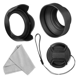 veatree 52mm lens hood set, collapsible rubber lens hood with filter thread + reversible tulip flower lens hood + center pinch lens cap + microfiber lens cleaning cloth