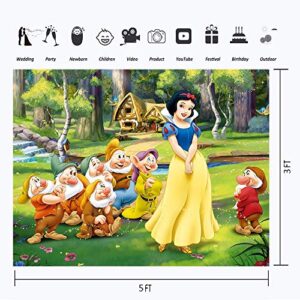 YouRan Princess Snow White Backdrop Enchanted Forest 5x3 Snow White and The Seven Dwarfs Party Background for Girl First Birthday Princess Vinyl Backdrops for Kids Room Wall Decor