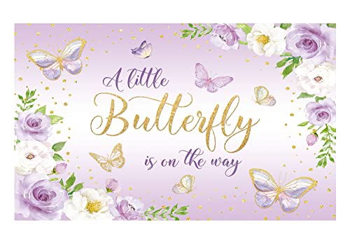 Funnytree 7x5FT A Little Butterfly is On The Way Purple Backdrop Girl 1st Birthday Baby Shower Princess Party Supplies Flower Background Cake Table Decor Favors Photobooth Props Gift Banner