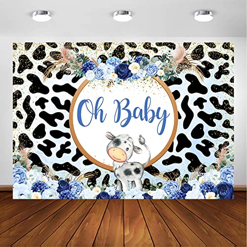 Avezano Milk Cows Baby Shower Backdrop Oh Baby Sign Baby Shower Party Decorations Blue Cow Stripes Floral Backdrops Cake Table Banners Boys Photography Backdground (7x5ft)