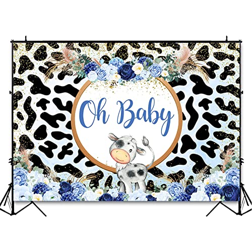 Avezano Milk Cows Baby Shower Backdrop Oh Baby Sign Baby Shower Party Decorations Blue Cow Stripes Floral Backdrops Cake Table Banners Boys Photography Backdground (7x5ft)