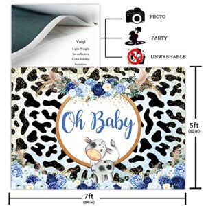 Avezano Milk Cows Baby Shower Backdrop Oh Baby Sign Baby Shower Party Decorations Blue Cow Stripes Floral Backdrops Cake Table Banners Boys Photography Backdground (7x5ft)